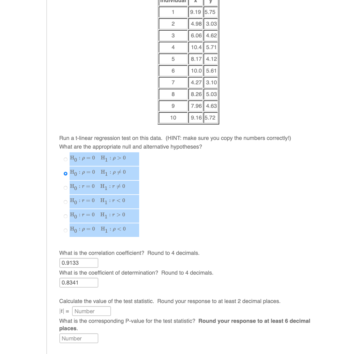 Solved Run a t-linear regression test on this data. (HINT: | Chegg.com