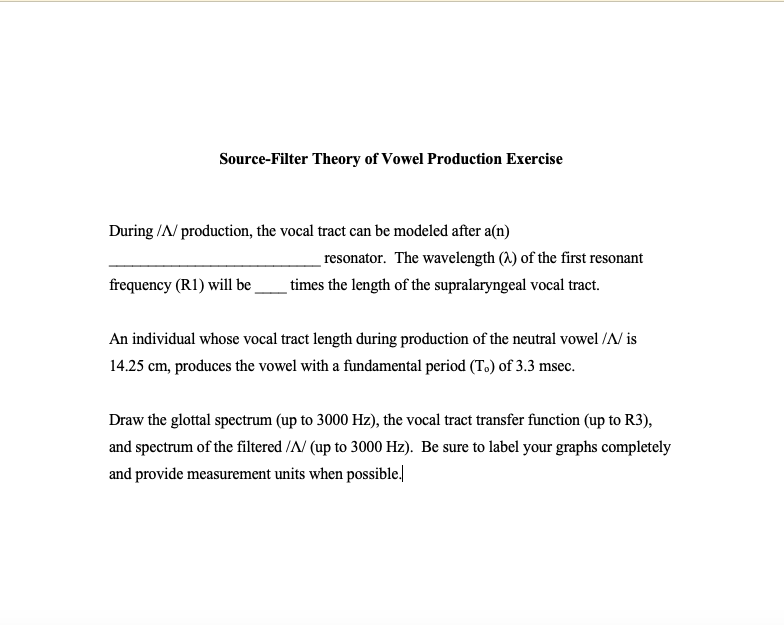Solved Source-Filter Theory of Vowel Production Exercise | Chegg.com