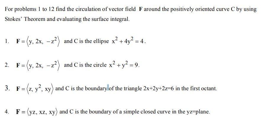 Solved For Problems 1 To 12 Find The Circulation Of Vector