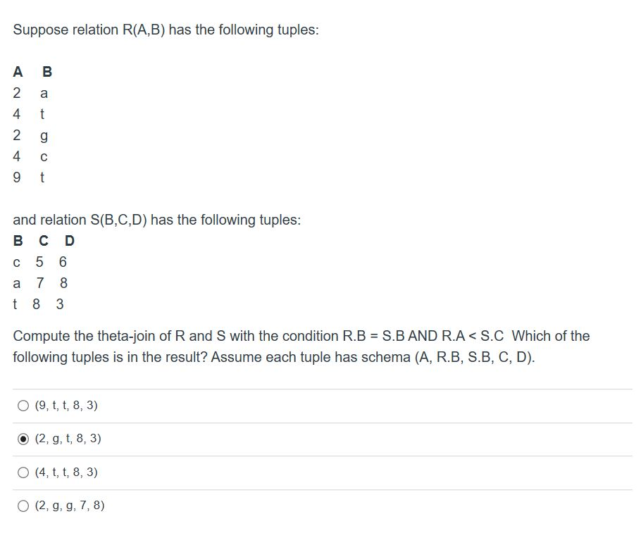 Solved Suppose relation R(A,B) has the following tuples: AB | Chegg.com