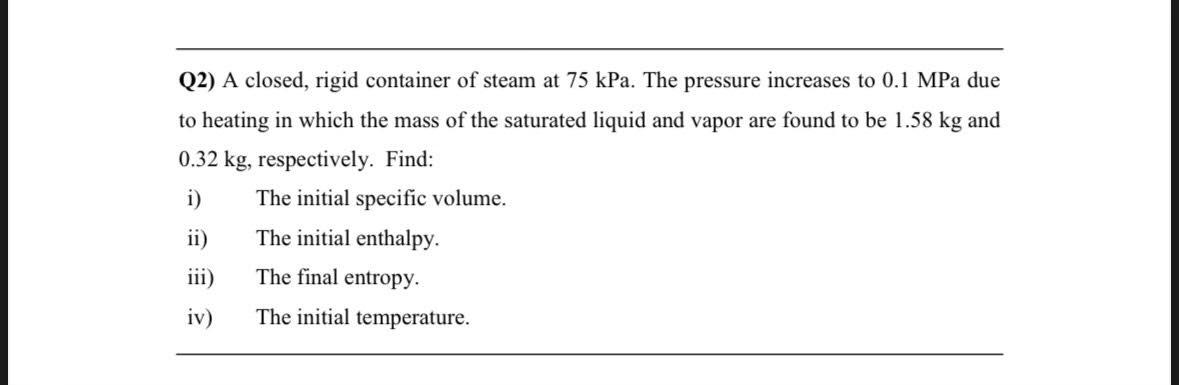 Solved Q2) A closed, rigid container of steam at 75kPa. The | Chegg.com