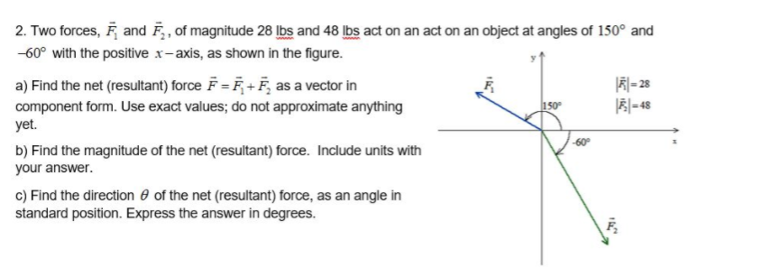 Solved 2. Two forces, 7 and ,, of magnitude 28 lbs and 48 | Chegg.com