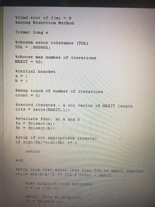 Solved 1) Modify the code bisect.m (provided in eLearning) | Chegg.com