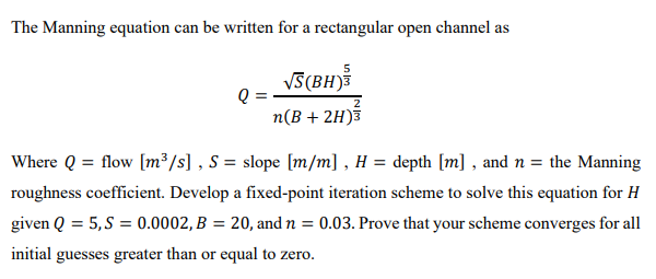 Solved The Manning equation can be written for a rectangular | Chegg.com