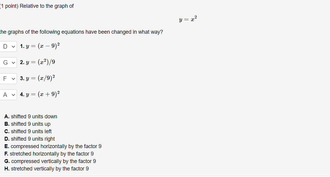 Solved (1 point) Relative to the graph of y=x2 he graphs of | Chegg.com