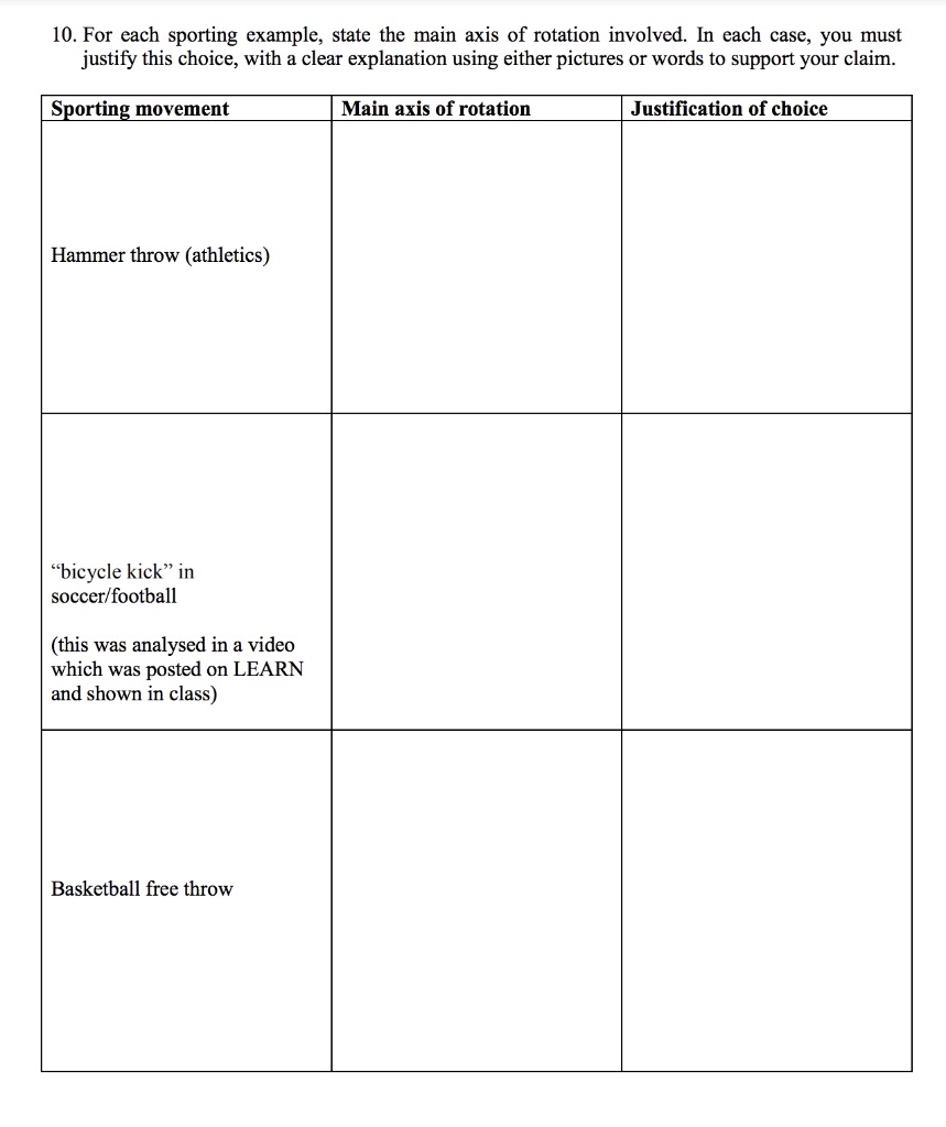 Solved 10. For each sporting example, state the main axis of | Chegg.com