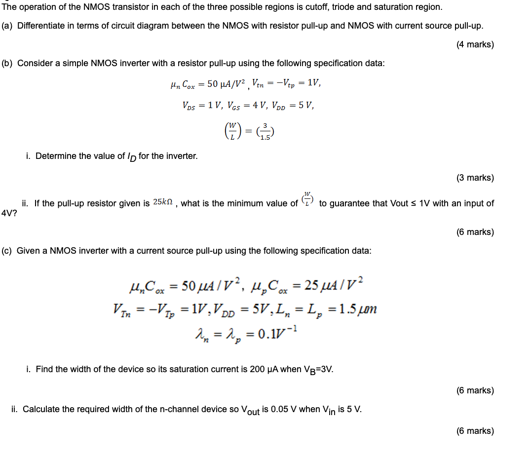 Solved The operation of the NMOS transistor in each of the | Chegg.com