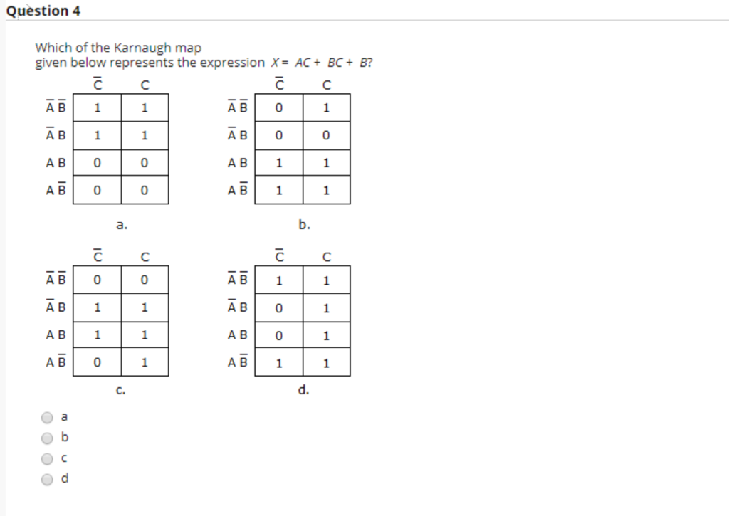 Solved Question 4 Which of the Karnaugh map given below | Chegg.com