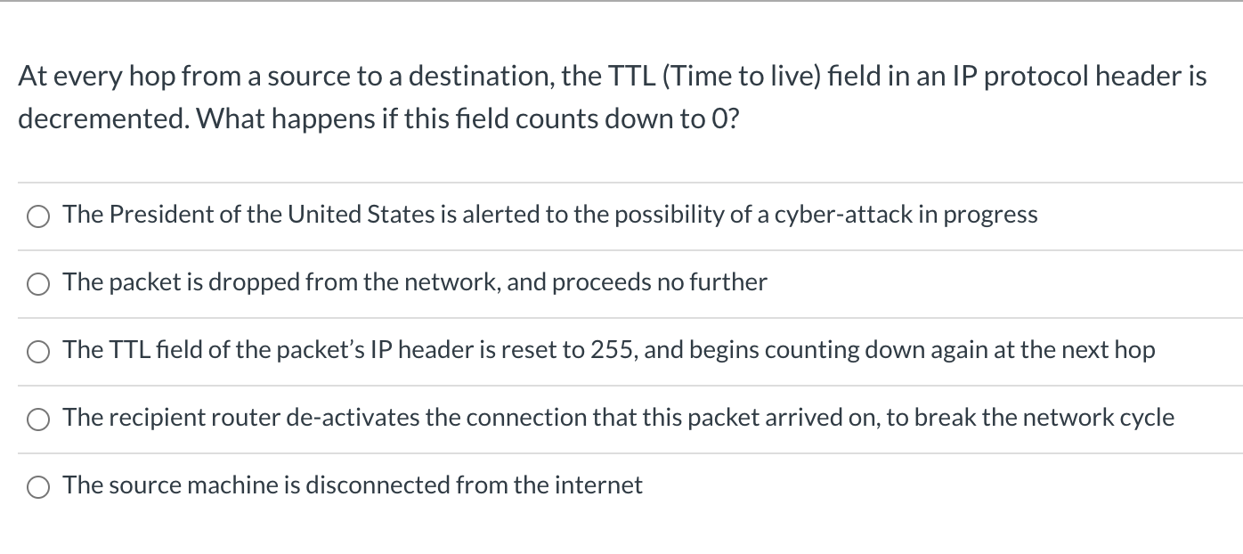 Solved At every hop from a source to a destination, the TTL | Chegg.com