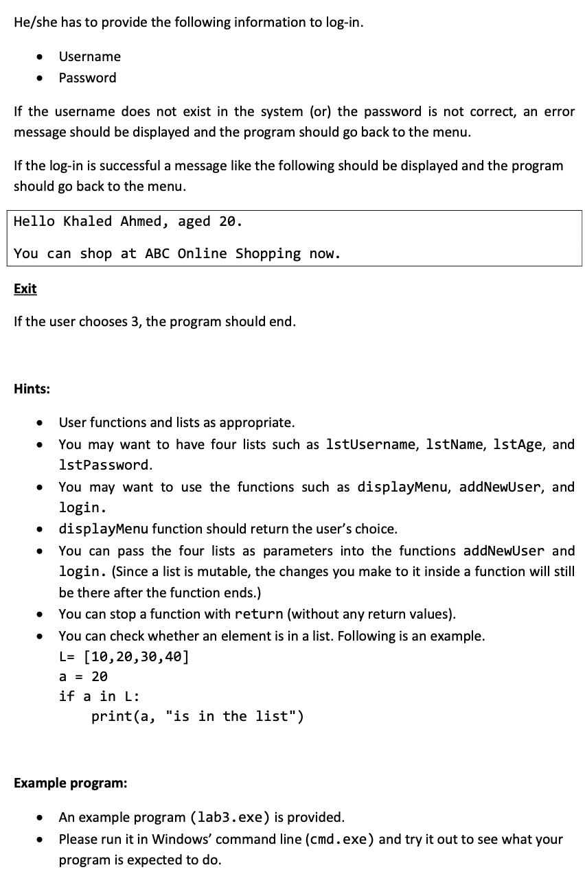 Solved Write a program to register a new user or log-in to | Chegg.com
