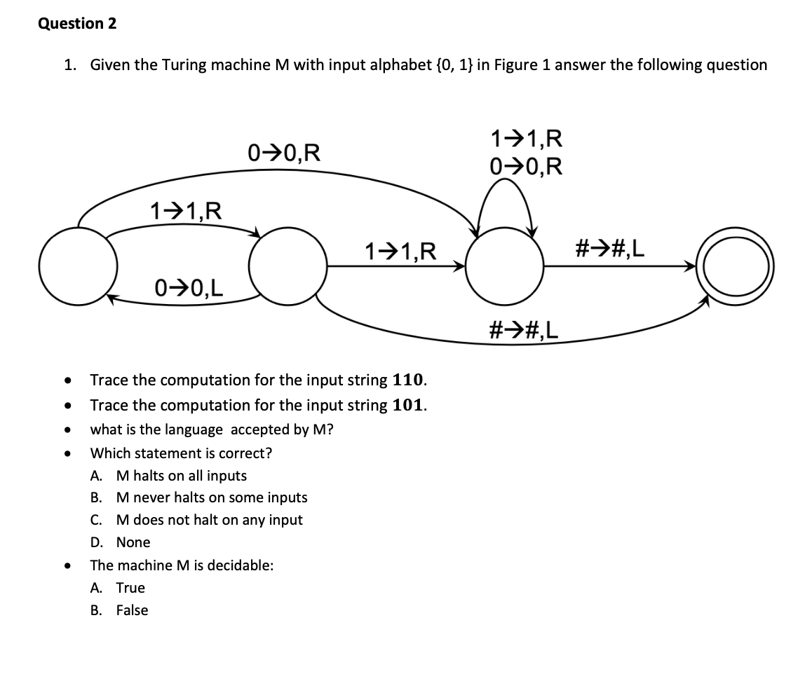 Solved Question 2 1. Given the Turing machine M with input | Chegg.com