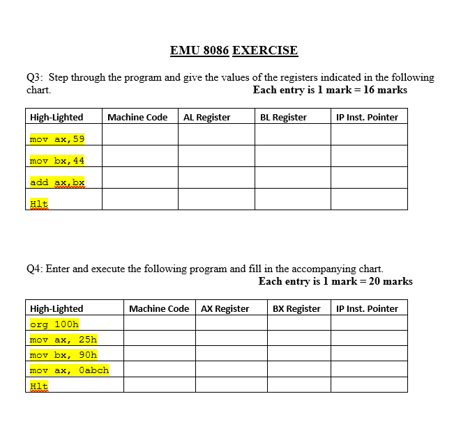 Solved EMU 8086 EXERCISE Q3: Step through the program and | Chegg.com