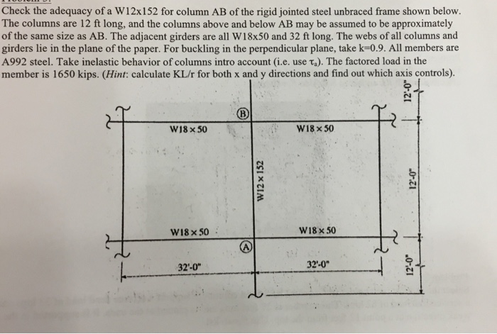 Solved Check the adequacy of a W12x152 for column AB of the | Chegg.com
