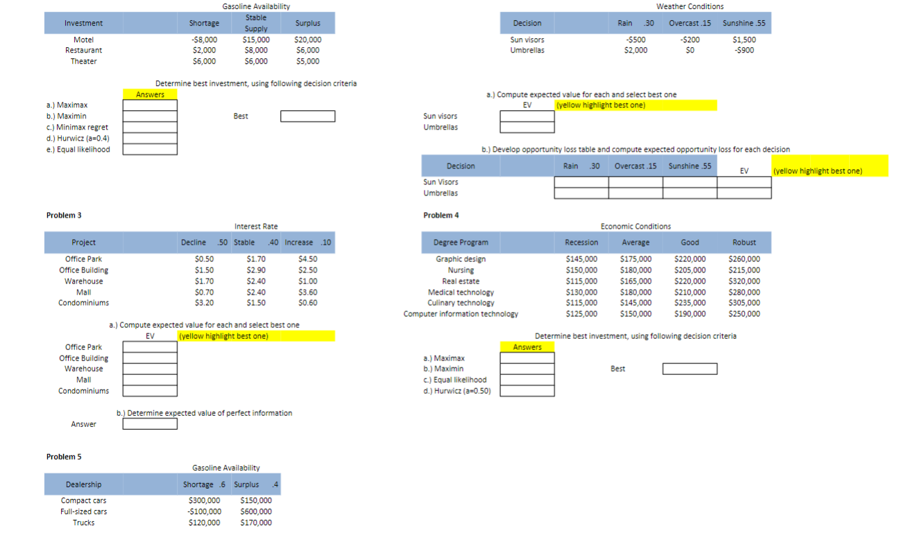 Determine Best Investment Using Following Decision