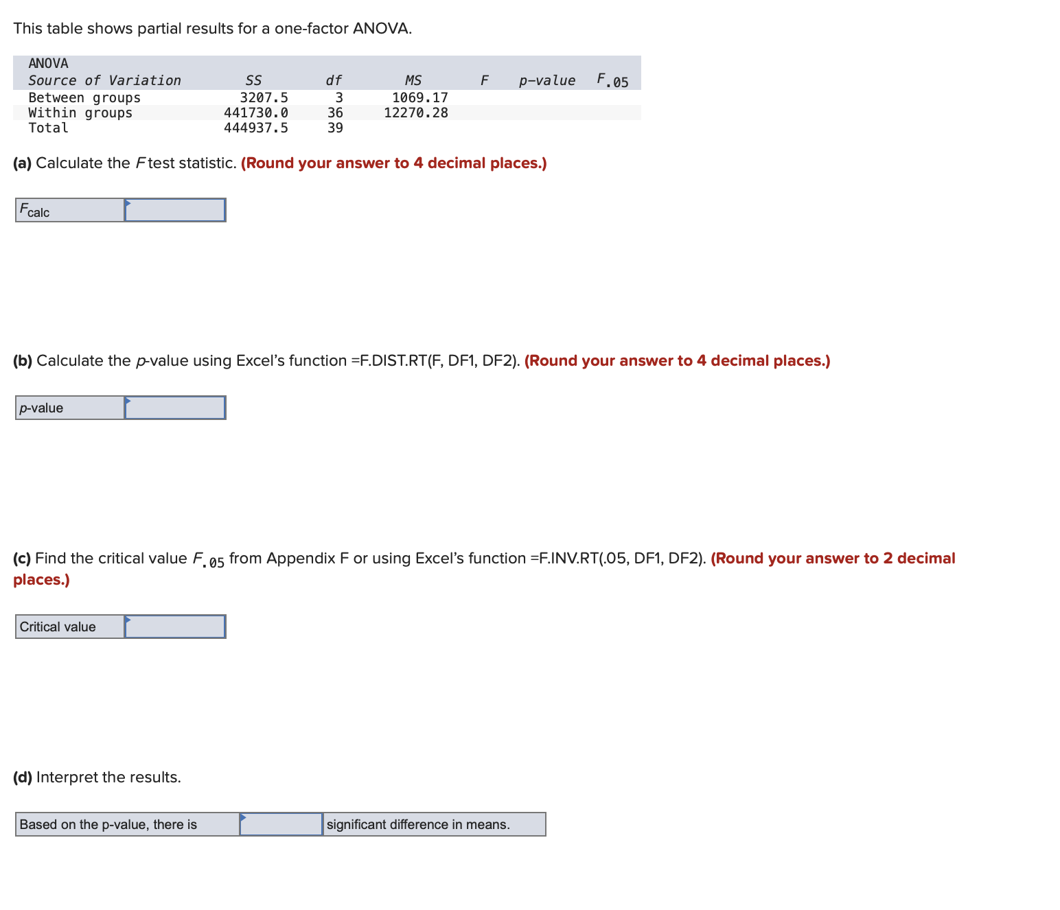 Solved This table shows partial results for a one-factor | Chegg.com