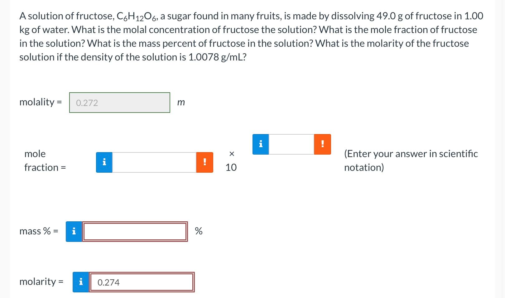 Solved A solution of fructose, C6H12O6, a sugar found in | Chegg.com