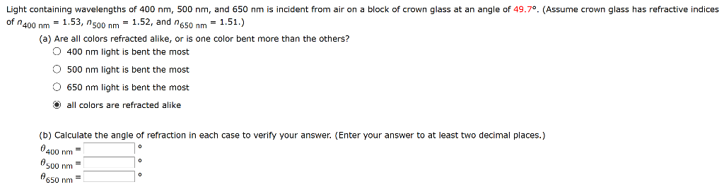 Solved Light containing wavelengths of 400 nm, 500 nm, and | Chegg.com