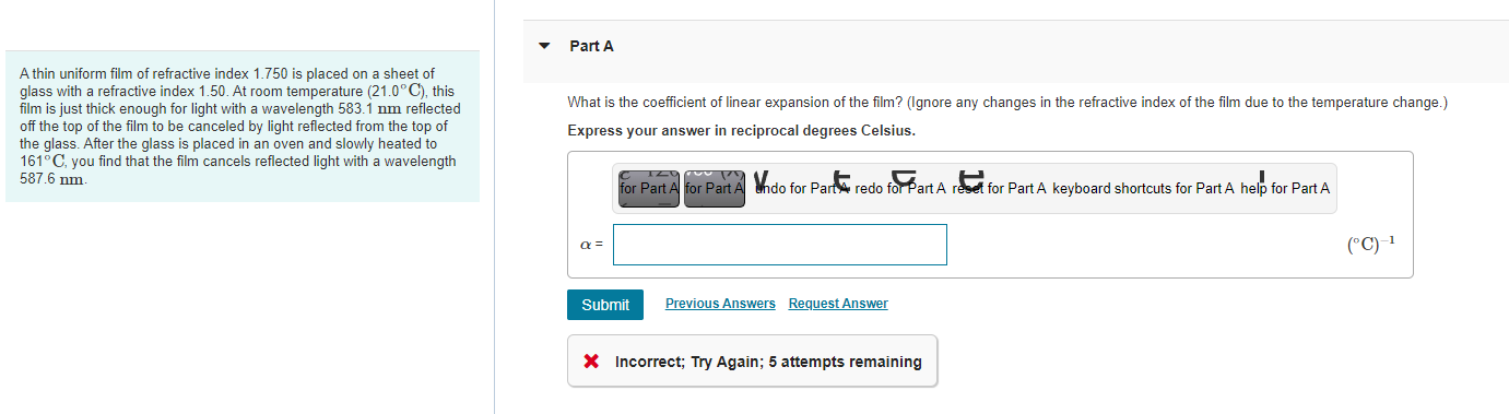 Solved A thin uniform film of refractive index 1.750 is | Chegg.com