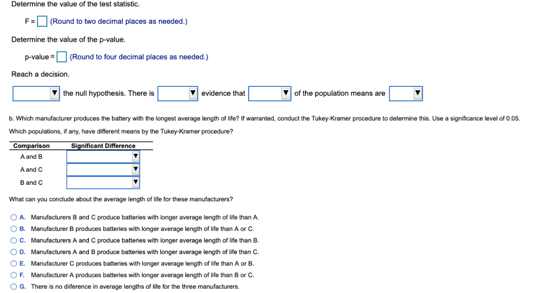 Solved Determine the value of the test statistic. F= (Round | Chegg.com