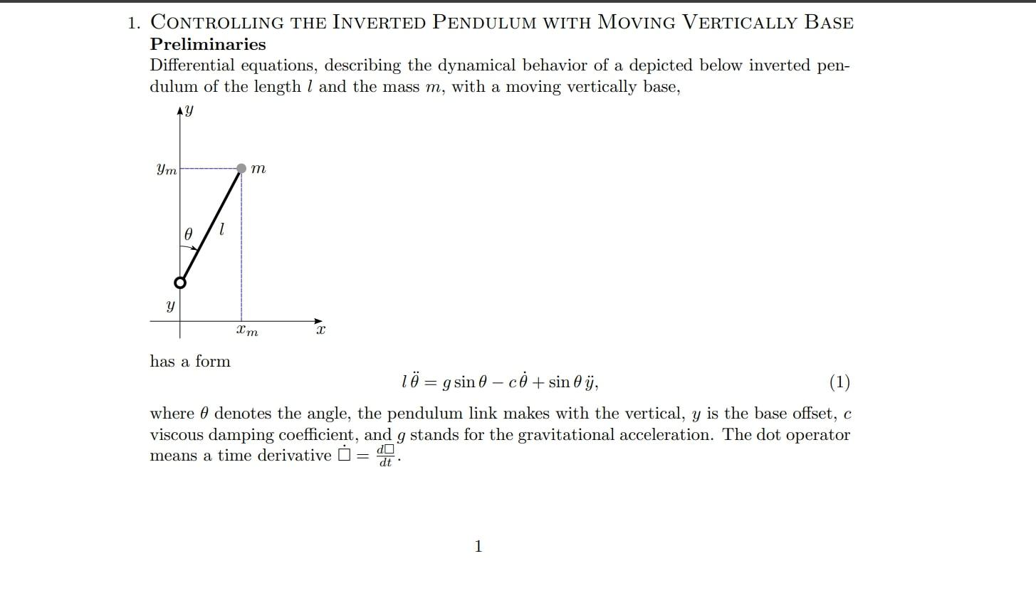 1. Controlling the Inverted Pendulum With Moving | Chegg.com