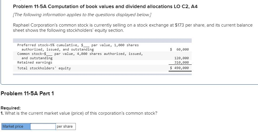 Solved Problem 11-5A Computation of book values and dividend | Chegg.com