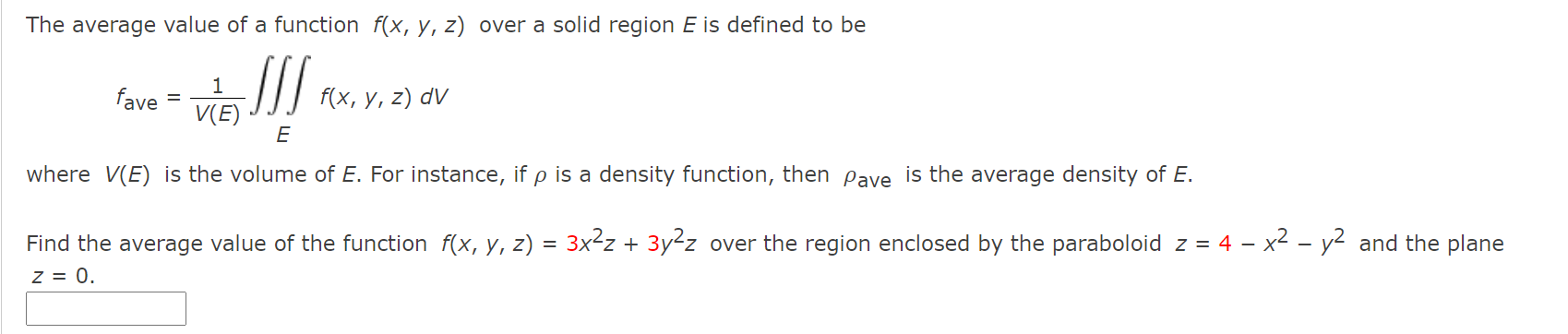 Solved The average value of a function f(x, y, z) over a | Chegg.com
