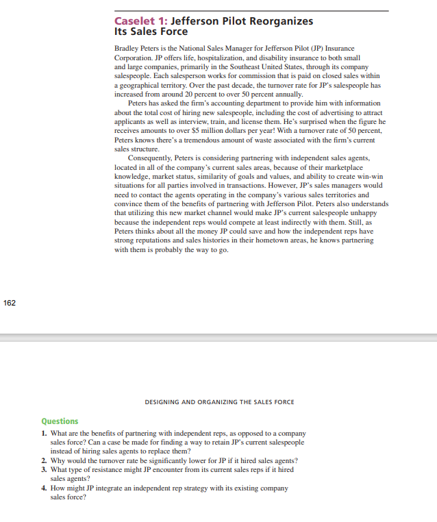 Solved Caselet 1: Jefferson Pilot Reorganizes Its Sales | Chegg.com