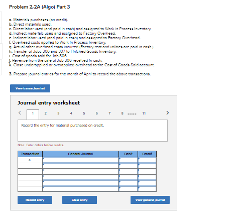 Problem 2-2A (Algo) Computing and recording job | Chegg.com