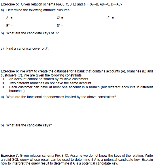 Solved Exercise 5: Given relation schema R(A, B, C, D, E) | Chegg.com