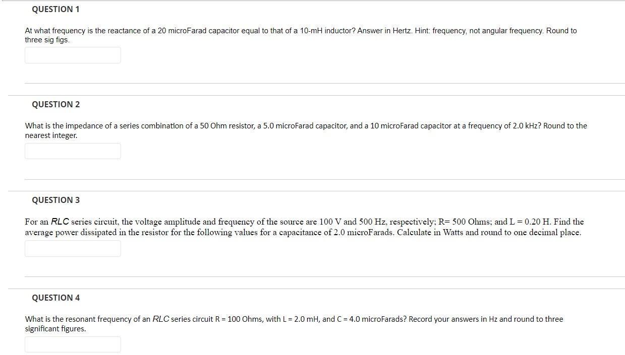 Solved At what frequency is the reactance of a 20 microFarad | Chegg.com