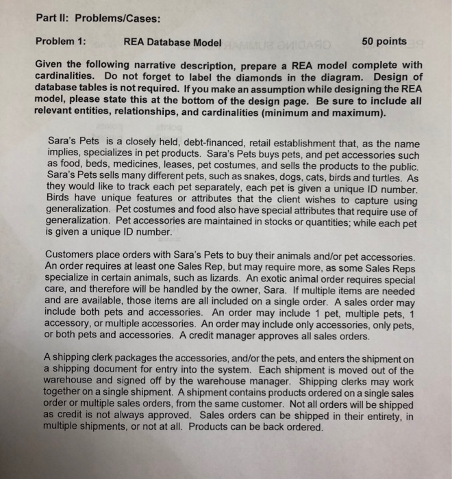 Solved Part II: Problems/Cases: Problem 1: REA Database | Chegg.com