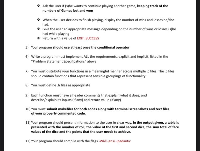 Dice Game Implementation Problem Statement | Chegg.com