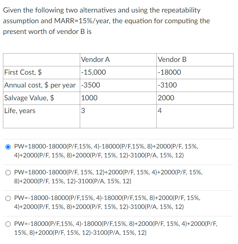 Solved Given the following two alternatives and using the | Chegg.com