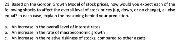 Solved 21. Based on the Gordon Growth Model of stock prices, | Chegg.com
