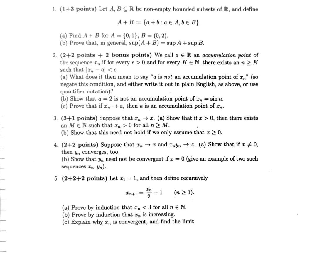 Solved 1. (1+3 points) Let A, B CR be non-empty bounded | Chegg.com