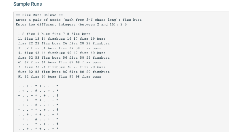 Solved 4.11 Assignment Part 2: Fizz Buzz Deluxe Fizzbuzz is | Chegg.com