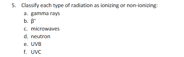 Solved 5. Classify each type of radiation as ionizing or | Chegg.com