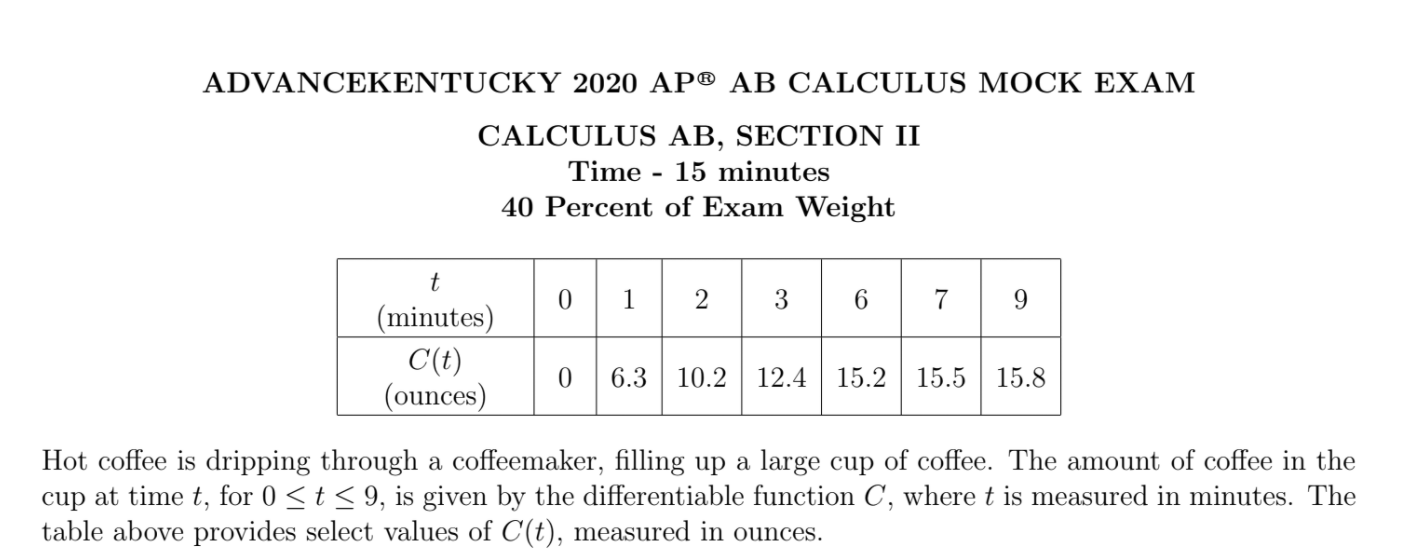 Solved ADVANCEKENTUCKY 2020 AP® AB CALCULUS MOCK EXAM | Chegg.com