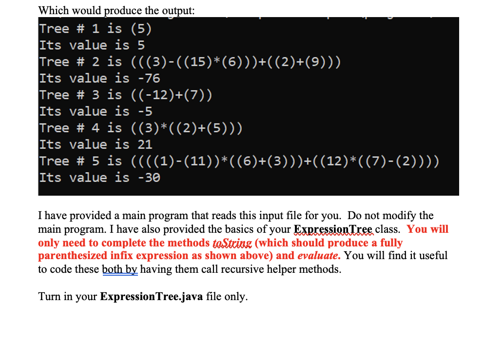 Solved expressionTrees.txt 5 ( 5 ) + - ( 3 ) * ( 15 ) ( 6 ) | Chegg.com