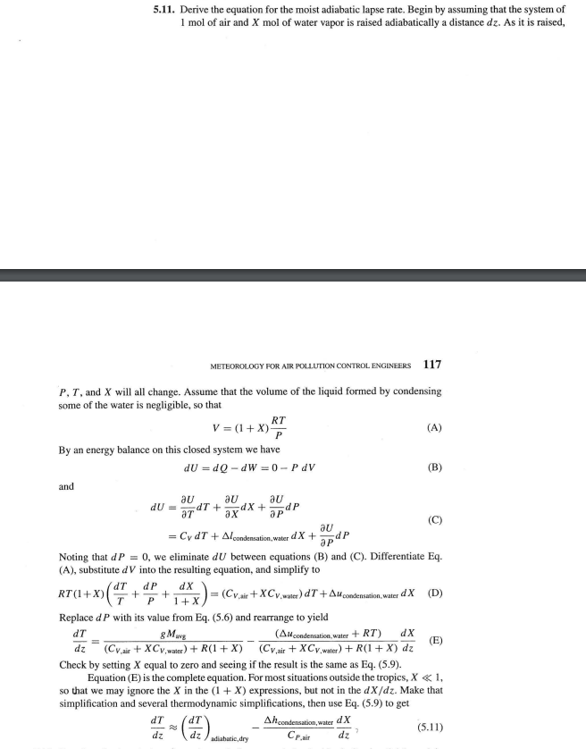Solved 5.11. Derive the equation for the moist adiabatic | Chegg.com