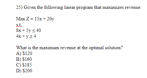 Solved 25) Given the following linear program that maximizes | Chegg.com