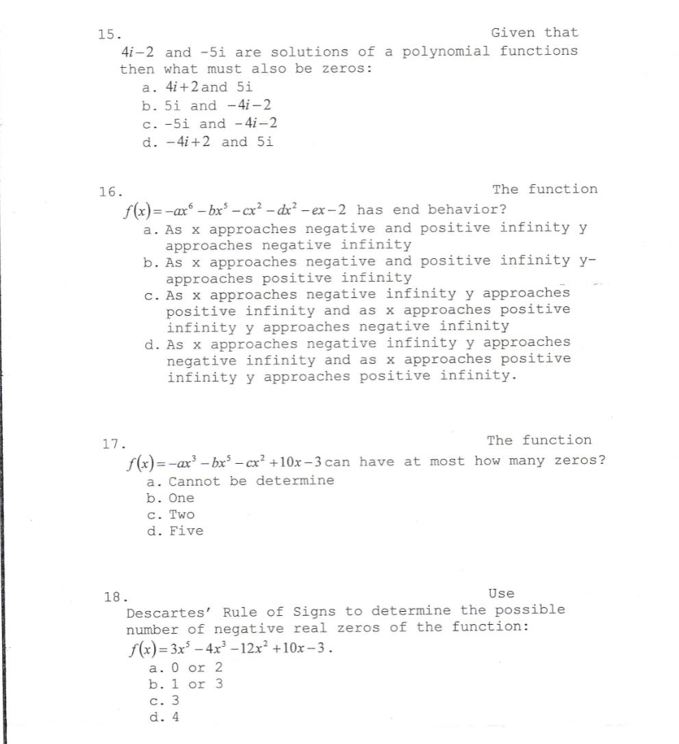 Solved 15. Given that 4i−2 and -5i are solutions of a | Chegg.com