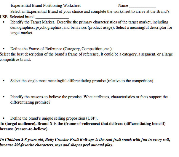 Solved Experiential Brand Positioning Worksheet Name Select | Chegg.com