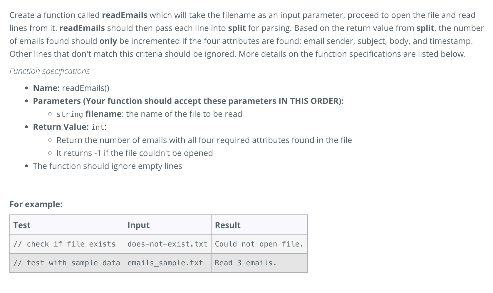 Solved Create a function called readEmails which will take | Chegg.com