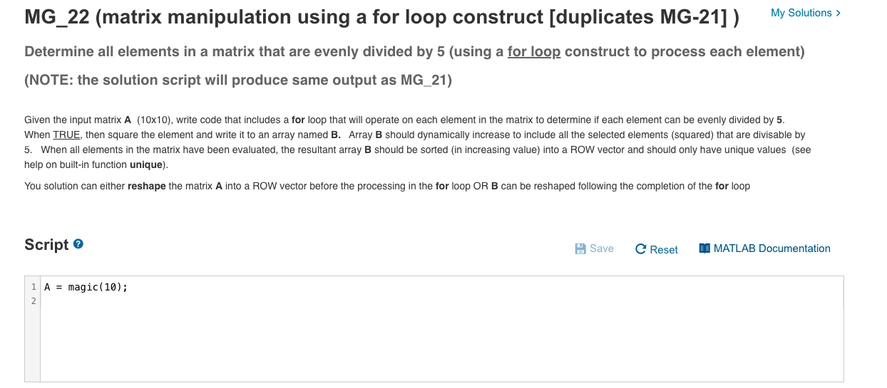 Solved MG_22 (matrix manipulation using a for loop construct | Chegg.com