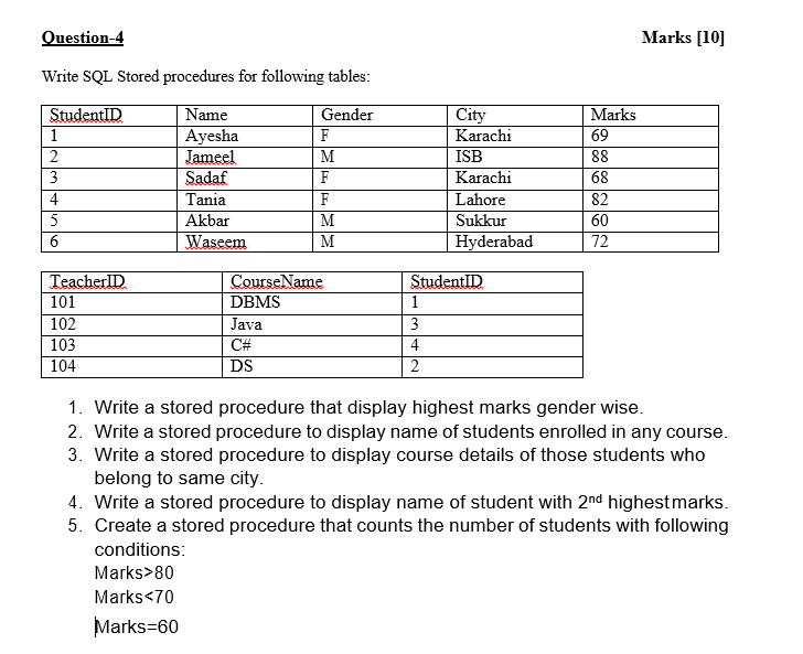 Solved Question-4 Marks [10] Write SQL Stored procedures for | Chegg.com