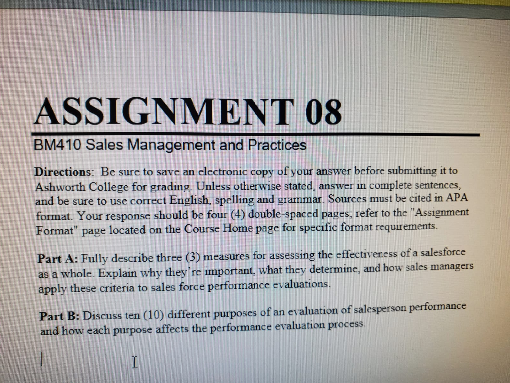 Solved ASSIGNMENT 08 BM410 Sales Management and Practices | Chegg.com