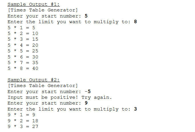 Solved = Sample Output #1: [Times Table Generator] Enter | Chegg.com