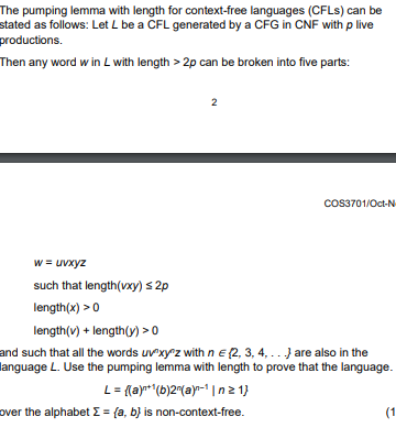 Solved The pumping lemma with length for context-free | Chegg.com