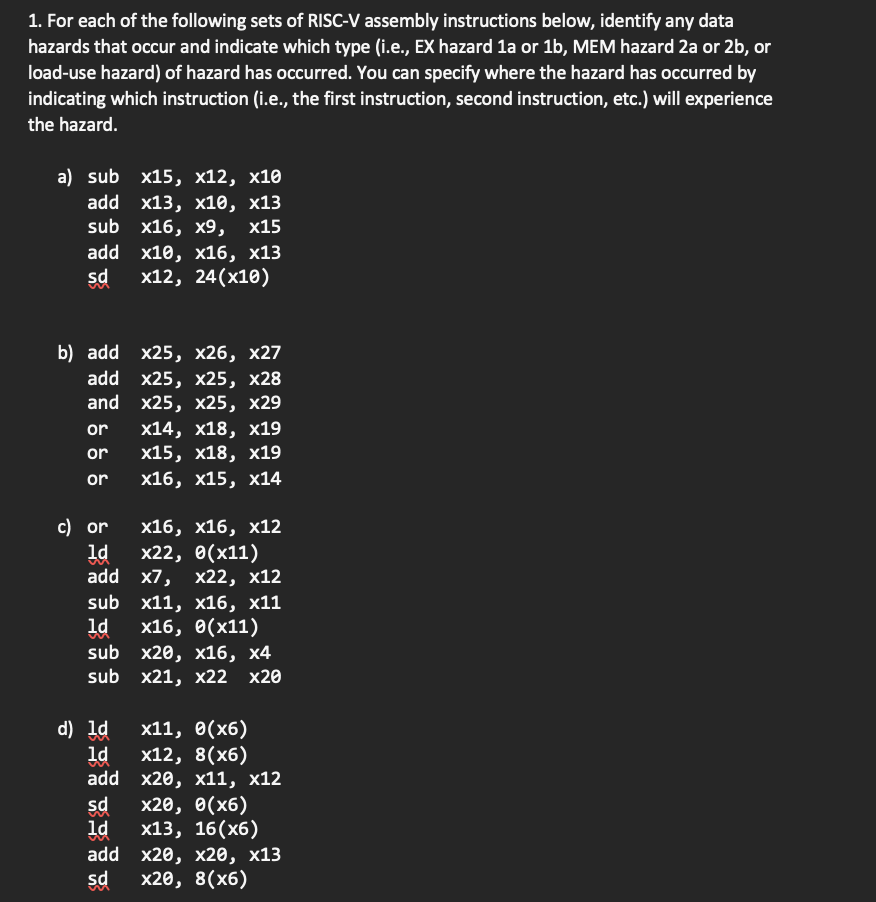 Solved 1. For each of the following sets of RISC-V assembly | Chegg.com